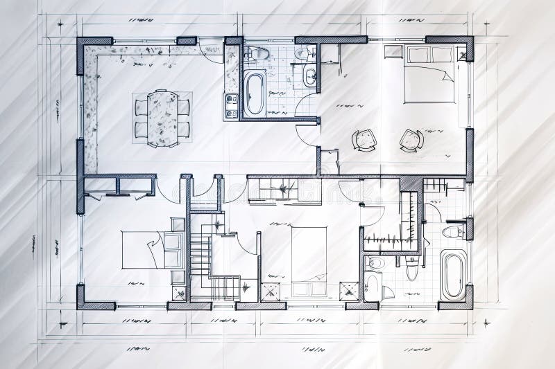 Architectural Plan on White Paper. Technical Project of Living Room ...