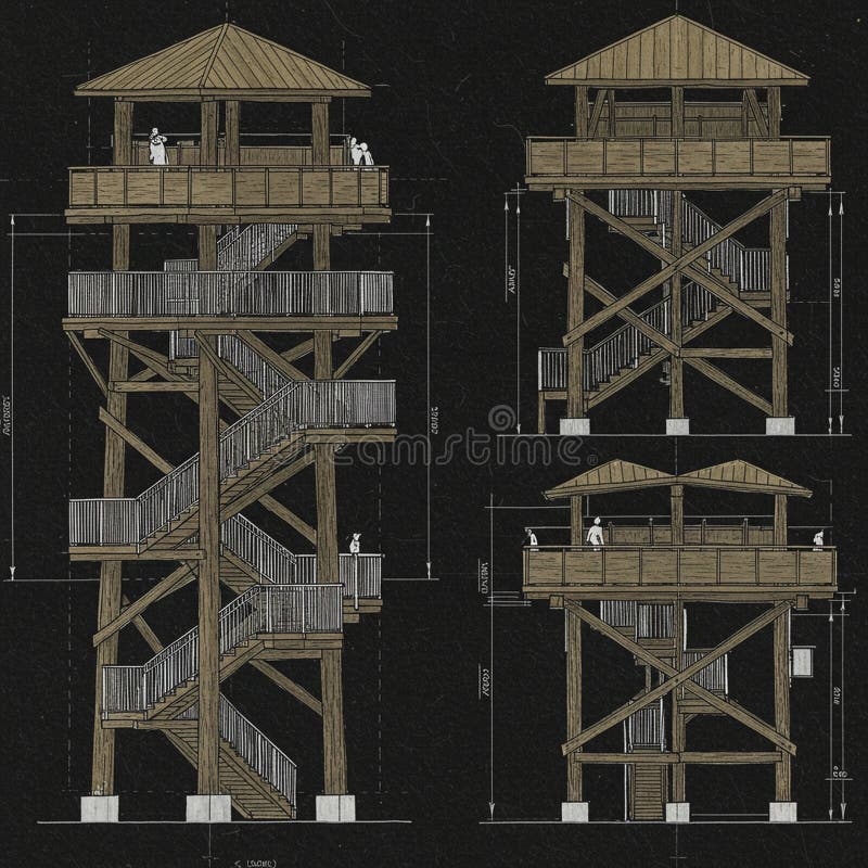 Architectural Plan of a Wooden Observation Tower with Three Views ...