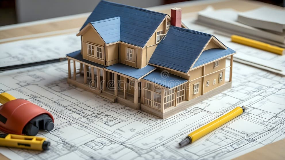 Architectural Planning with House Model and Blueprints Spread on Table ...