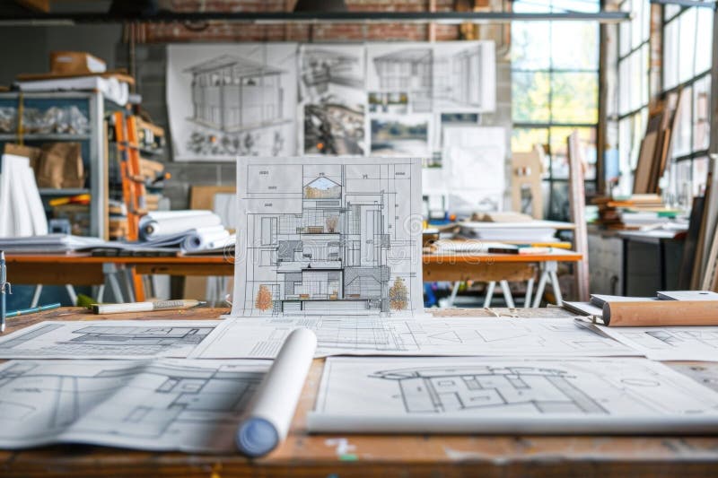 Architectural Plans and Blueprints on a Table in an Architects Studio ...