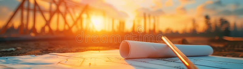 Architectural Plans and Building Site at Sunset Stock Illustration ...