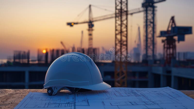 Architectural Plans and Helmet with Crane Shadows Stock Illustration ...