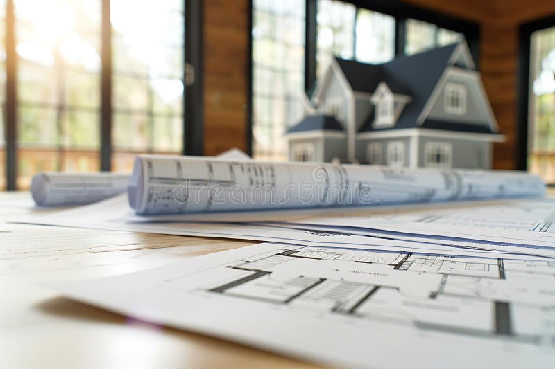 Architectural Plans with House Model on Desk Stock Illustration ...