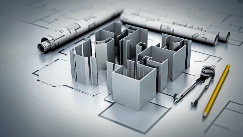 Architectural Plans, House Model, Pencil and Compasses. 3D Illustration ...