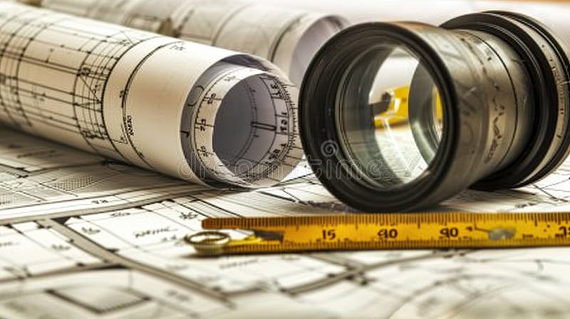 Architectural Plans, Lens, Ruler, and Compass Stock Illustration ...