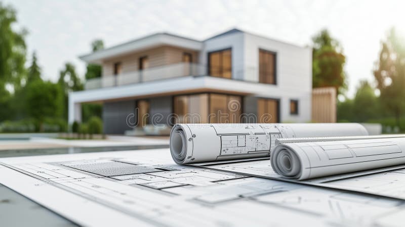 Architectural Plans and Modern House Render Stock Illustration ...