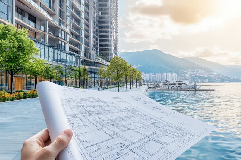 Architectural Plans beside Modern Waterfront Building Stock ...