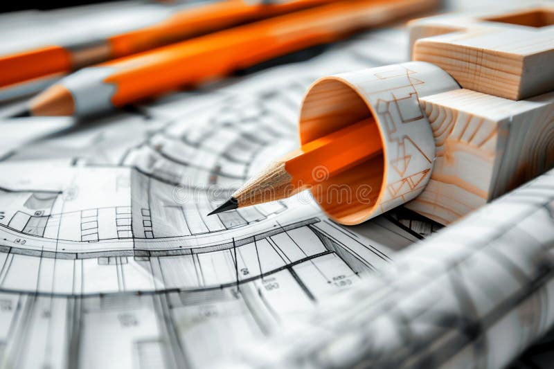 Architectural Plans with Orange Pencils and Wooden Tools Evoke ...