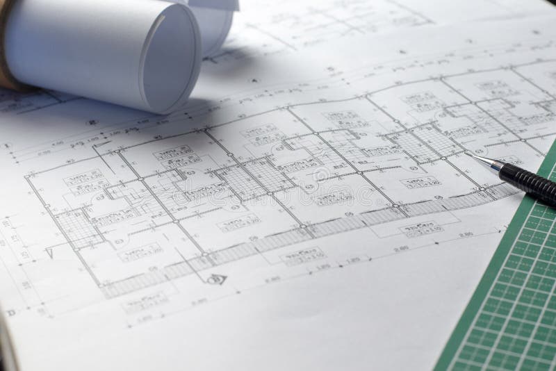 Architectural Plans Project Drawing with Blueprints Rolls Stock Image ... Architectural Plans Project Drawing with Blueprints Rolls Stock Image ...