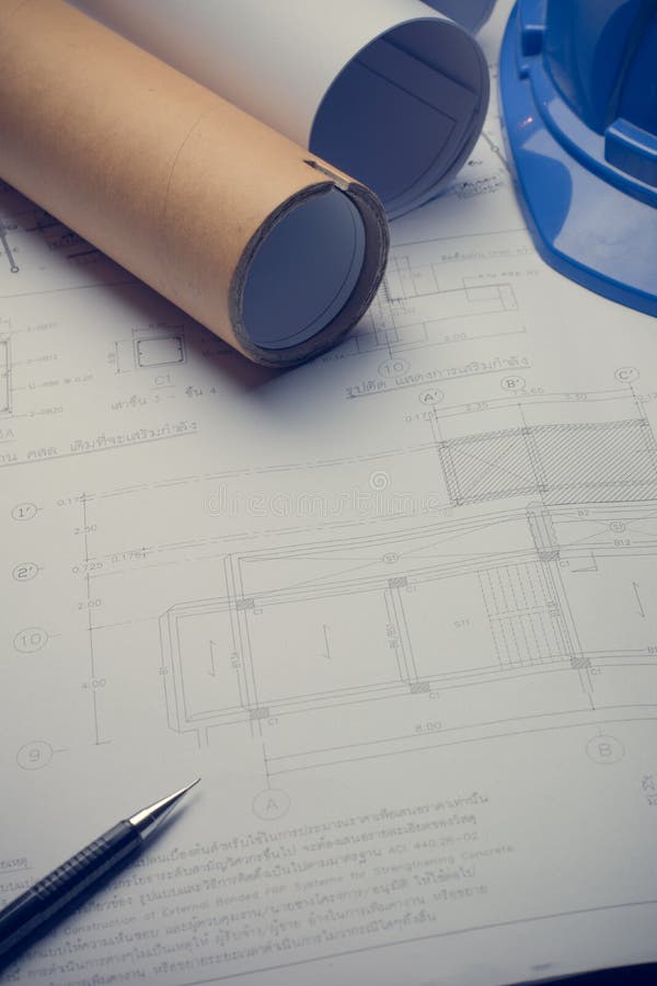 Architectural Plans Project Drawing with Blueprints Rolls Stock Image ... Architectural Plans Project Drawing with Blueprints Rolls Stock Image ...