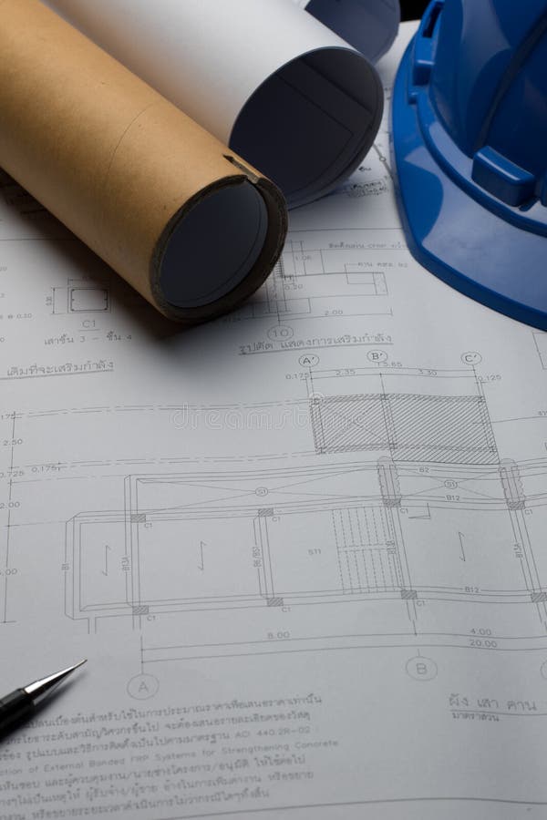 Architectural Plans Project Drawing with Blueprints Rolls Stock Image ...