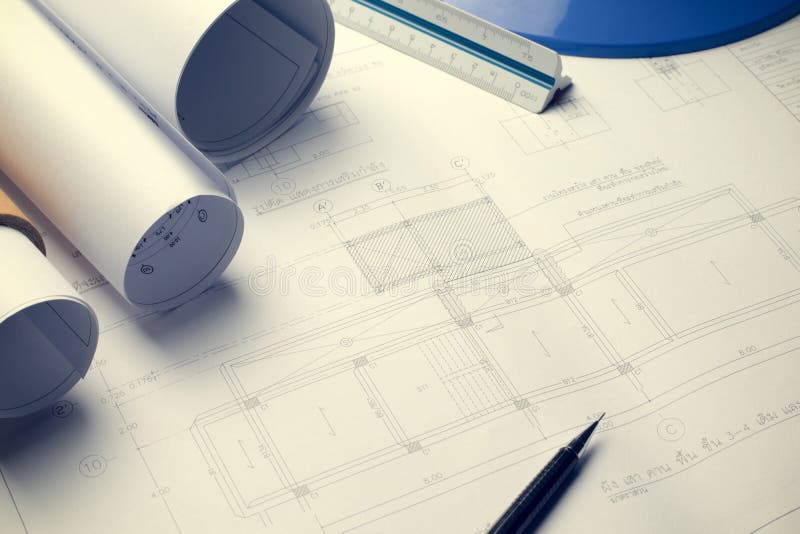 Architectural Plans Project Drawing with Blueprints Rolls Stock Image ...