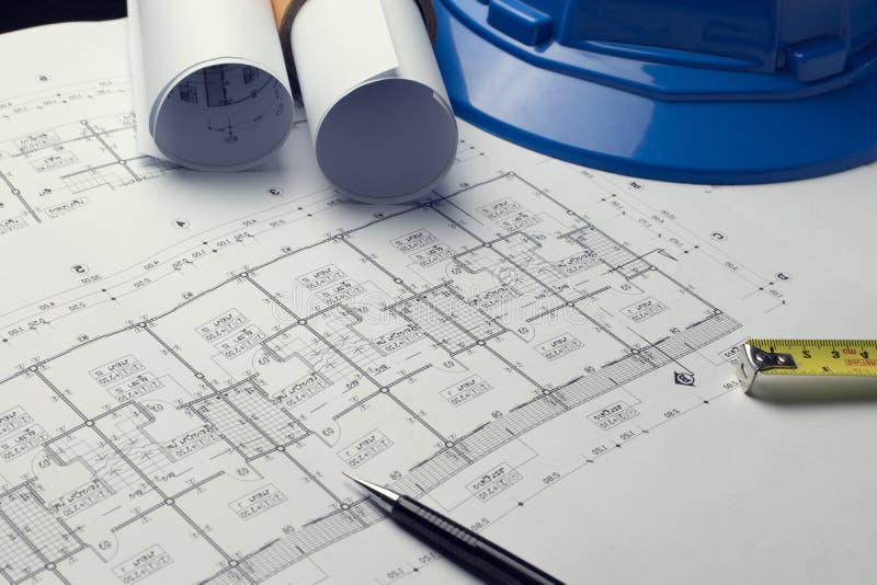 Architectural Plans Project Drawing with Blueprints Rolls Stock Image ...
