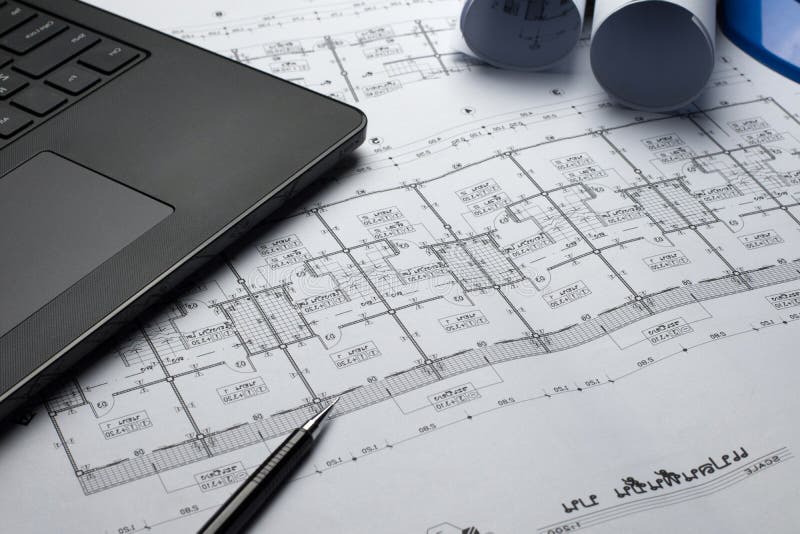 Architectural Plans Project Drawing with Blueprints Rolls Stock Image ... Architectural Plans Project Drawing with Blueprints Rolls Stock Image ...
