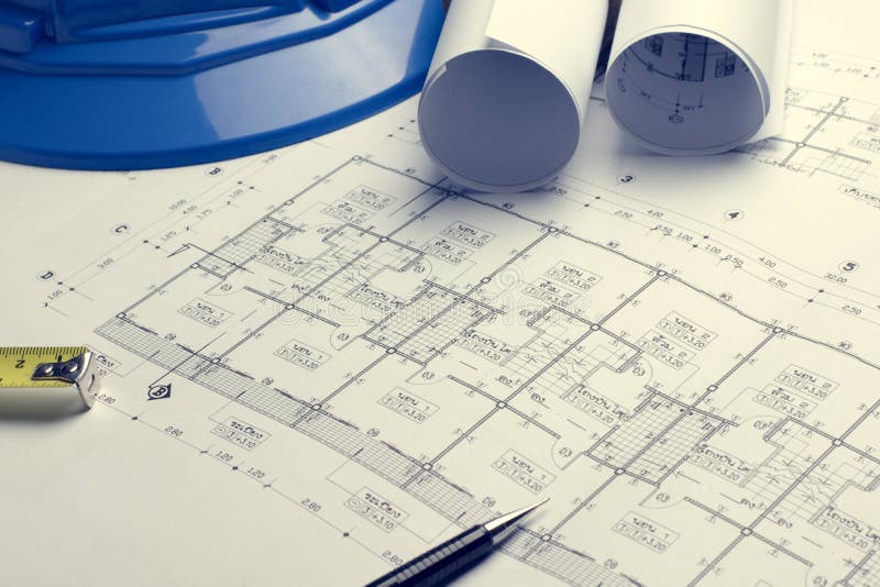 Architectural Plans Project Drawing with Blueprints Rolls Stock Image ...