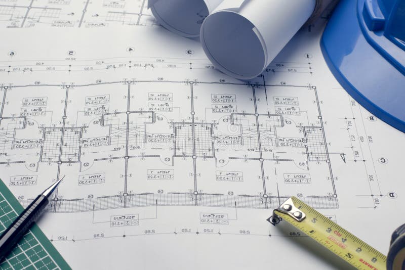 Architectural Plans Project Drawing with Blueprints Rolls Stock Image ...