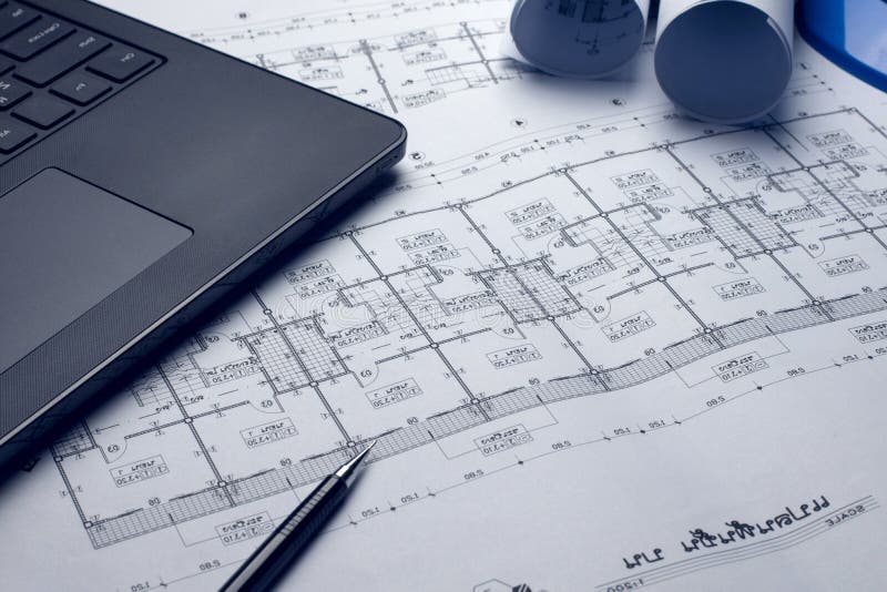 Architectural Plans Project Drawing with Blueprints Rolls Stock Image ...
