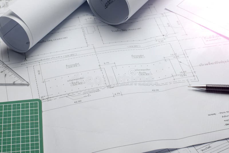 Architectural Plans Project Drawing with Blueprints Rolls Stock Photo ...
