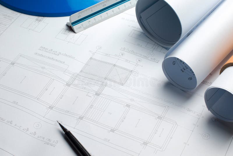 Architectural Plans Project Drawing with Blueprints Rolls Stock Image ... Architectural Plans Project Drawing with Blueprints Rolls Stock Image ...