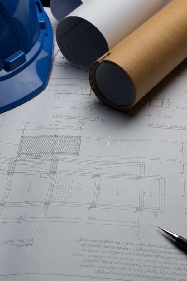 Architectural Plans Project Drawing with Blueprints Rolls Stock Image ...