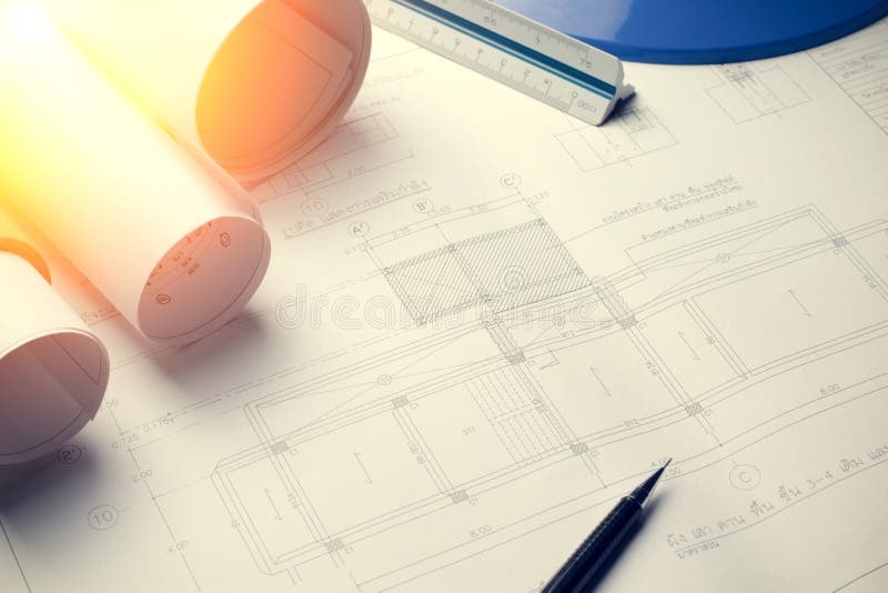 Architectural Plans Project Drawing with Blueprints Rolls Stock Photo ...
