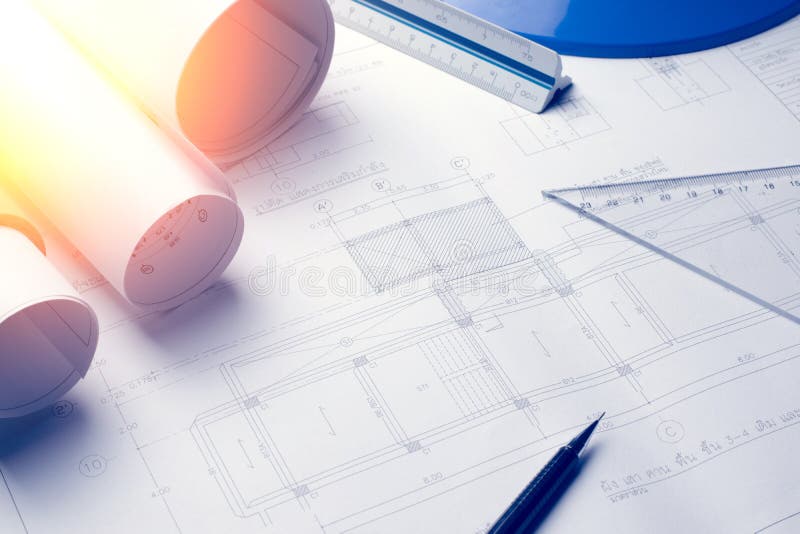 Architectural Plans Project Drawing with Blueprints Rolls Stock Image ... Architectural Plans Project Drawing with Blueprints Rolls Stock Image ...