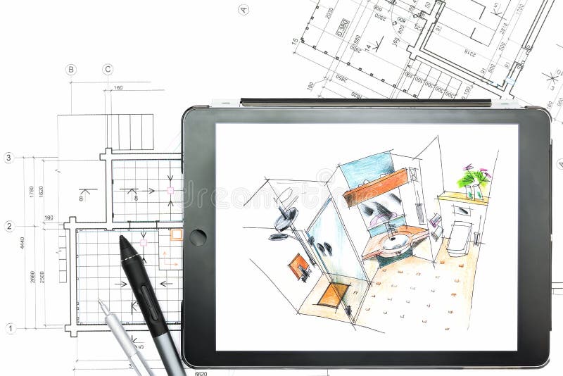 Architectural Plans with Tablet Computer Stock Image - Image of ...