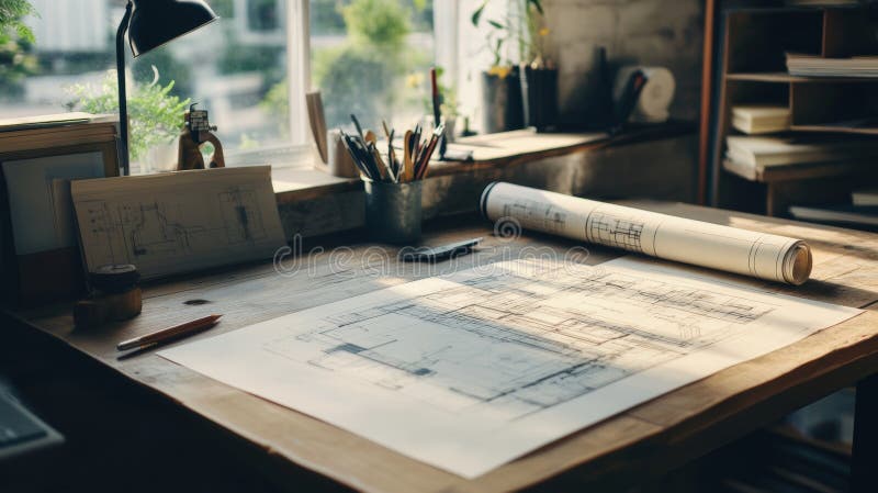 Architectural Plans and Technical Drawings on a Desk Surrounded by ...