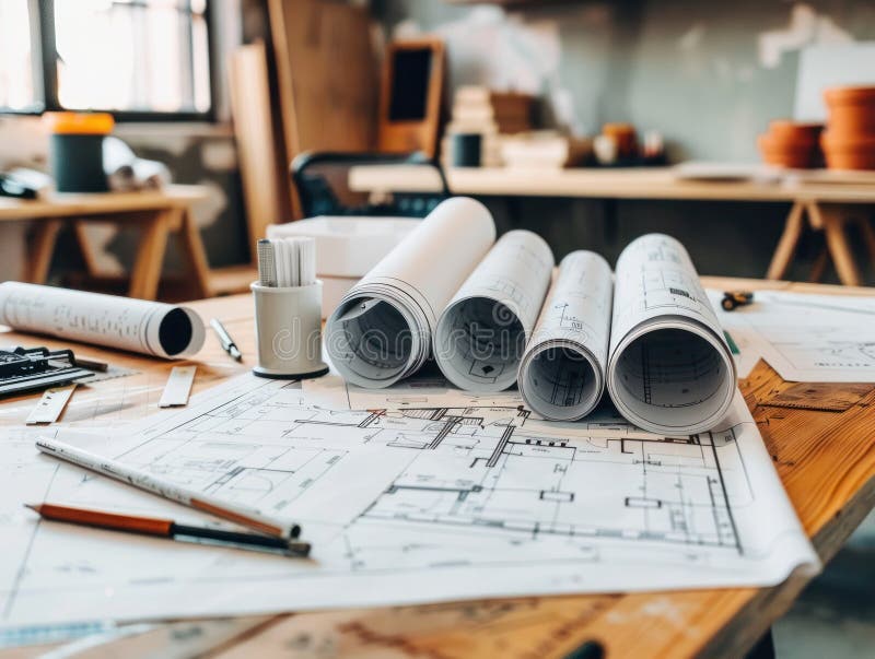 Architectural Plans on a Wooden Table Stock Illustration - Illustration ...