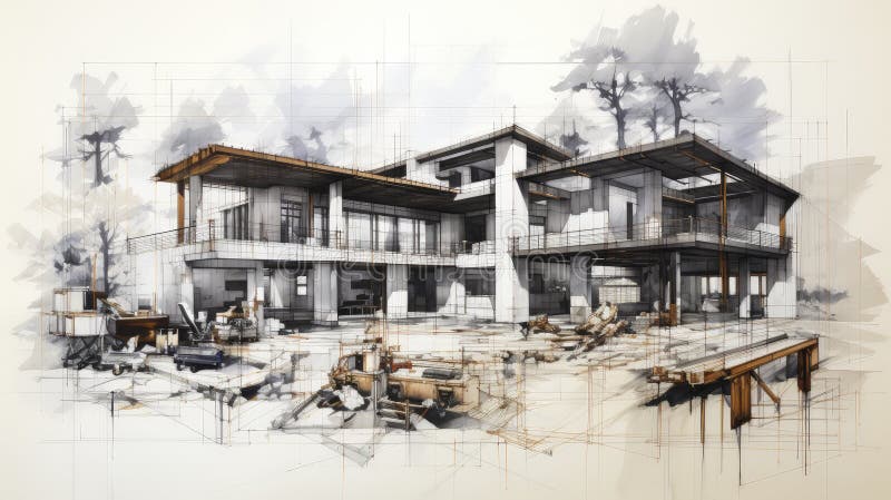 Architectural Project Background. Floor Plan with Construction Sketch ...