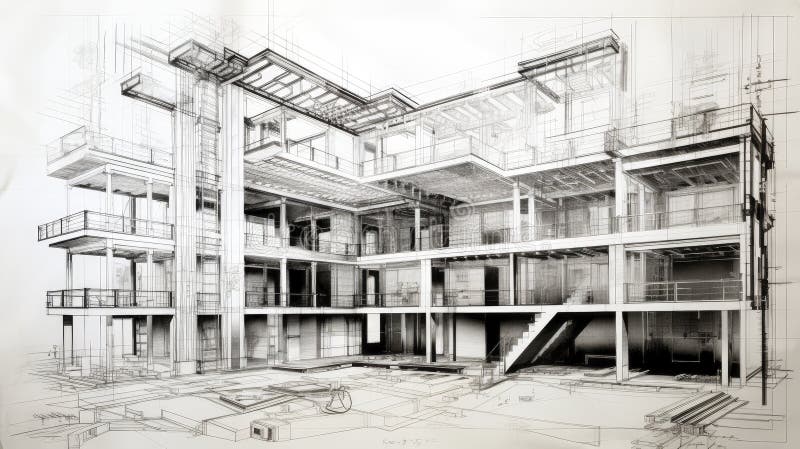 Detailed Architectural Sketch of Modern Multi-Story Building. Stock ...