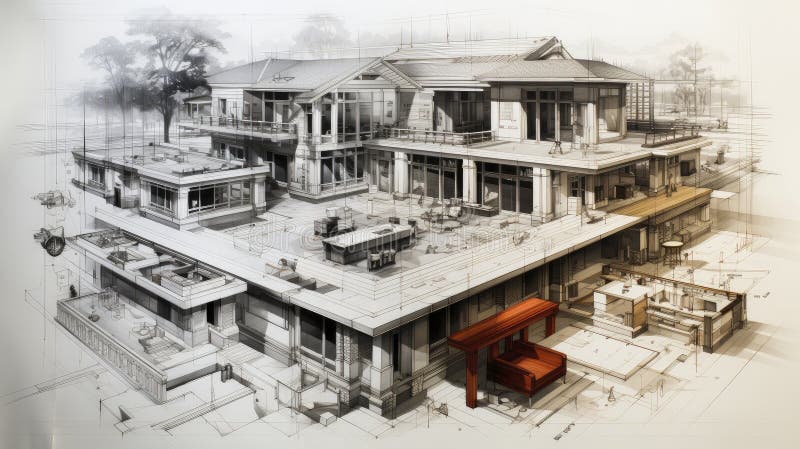 Detailed Architectural Sketch of Modern Multi-Story Building. Stock ...