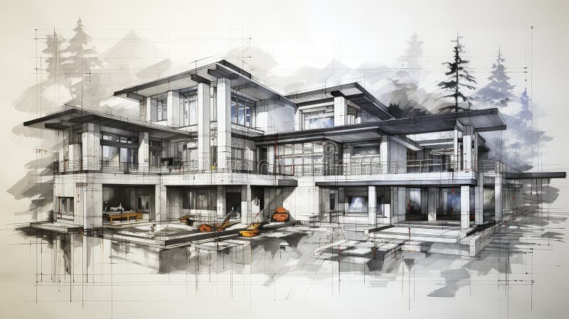 Detailed Architectural Sketch of Modern Multi-Story Building. Stock ...