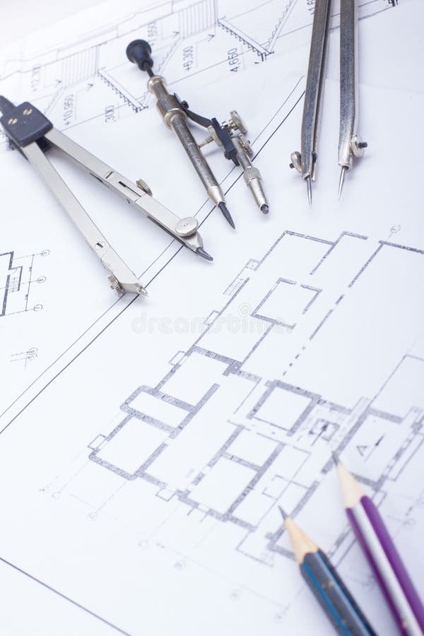 Architectural Project, Blueprints and Divider Compass on Plans ...