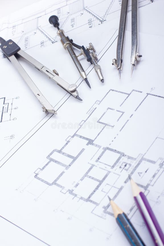 Architectural Project, Blueprints and Divider Compass on Plans ...