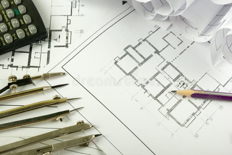 Architectural Project, Blueprints and Divider Compass on Plans ...