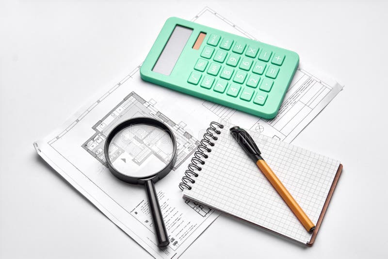 Architectural Project, Blueprints, Magnifying Glass, Calculator, Model ... Architectural Project, Blueprints, Magnifying Glass, Calculator, Model ...