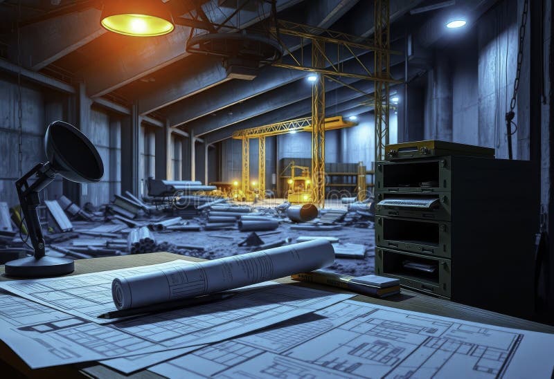 Architectural Project Desk with Mining Light, Blueprints and ...