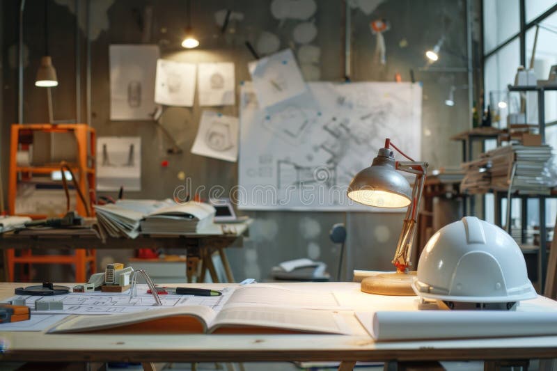 Architectural Project Desk with Mining Light in Construction Site or ...