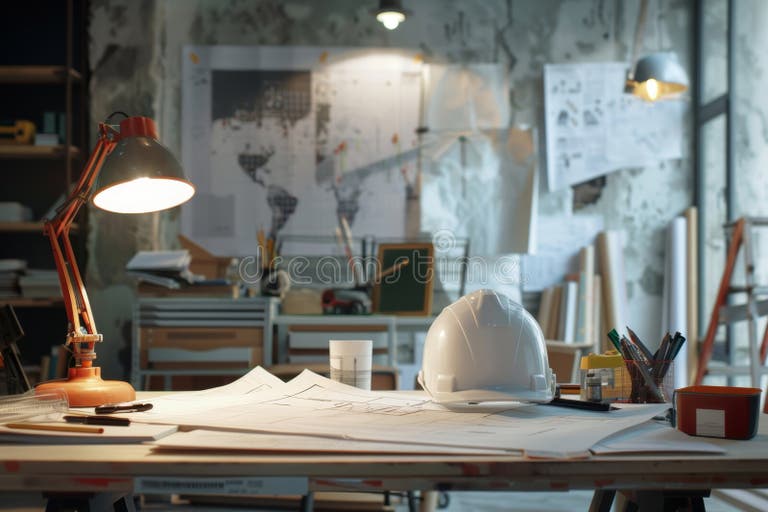 Architectural Project Desk with Mining Light in Construction Site or ...