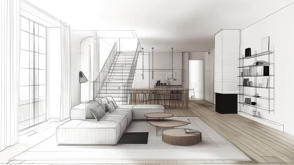 Architectural Project Drawing Developing into Modern Living Room ...