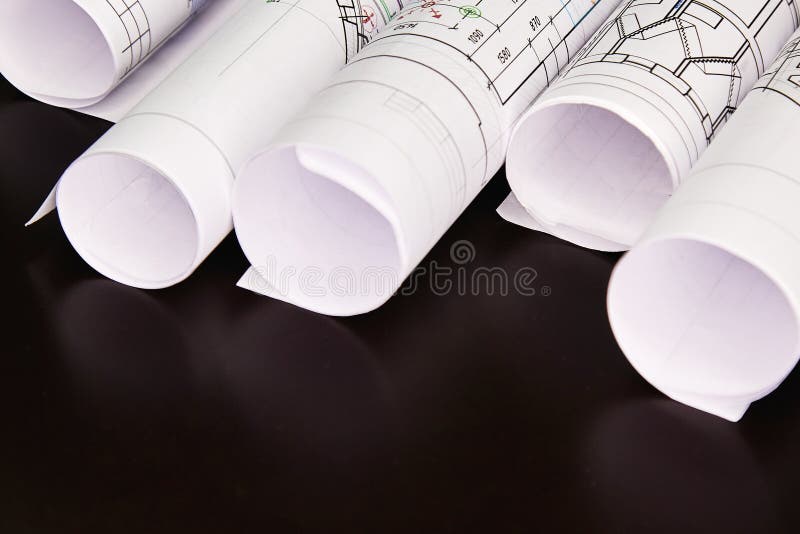 Architectural Project, Drawings on a Dark Background. Rolls of Project ...