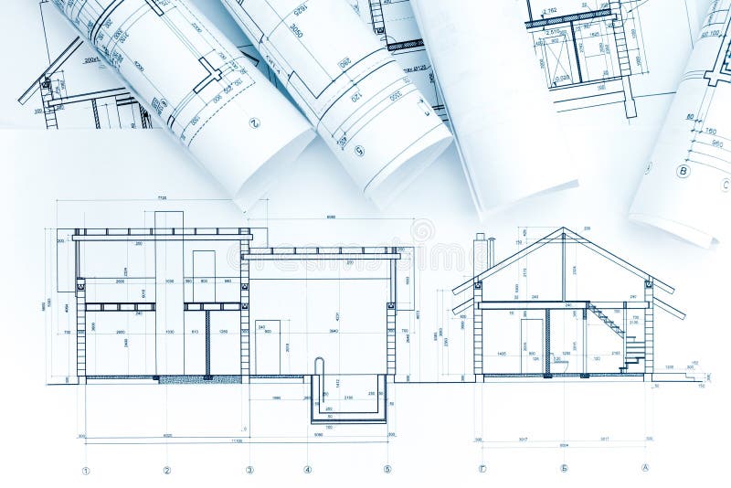 Architectural Project Drawings, Rolls and House Plan Stock Image ...