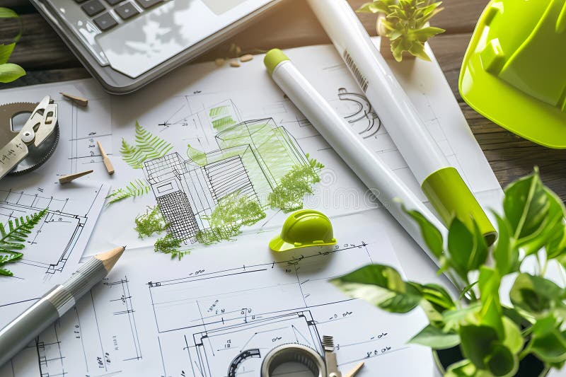 Architectural Project with Drawings and Tools on Table. Construction ...