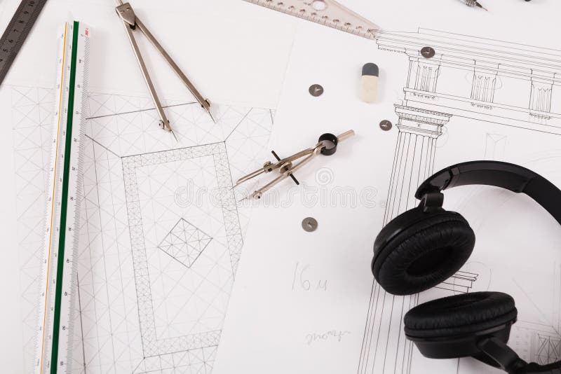 Architectural Project, Engineering Tools on Table. Stock Photo - Image ...