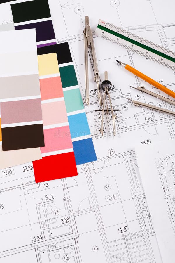 Architectural Project, Engineering Tools on Table. Stock Image - Image ...