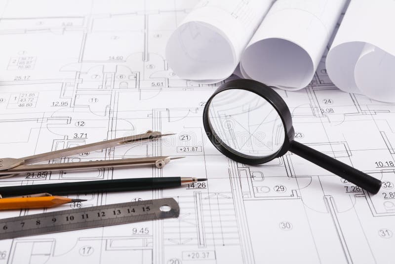 Architectural Project, Engineering Tools on Table. Stock Photo - Image ...