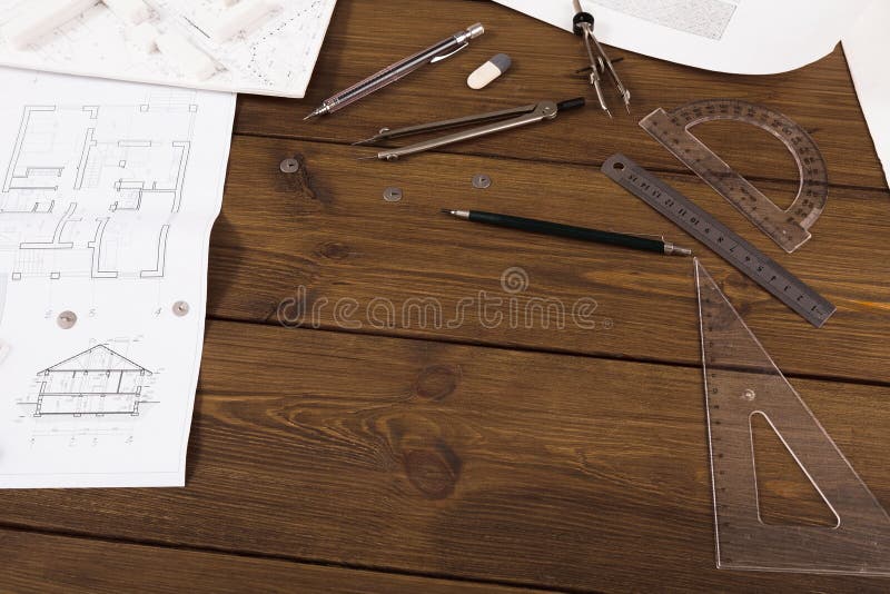 Architectural Project, Engineering Tools on Table. Stock Image - Image ...