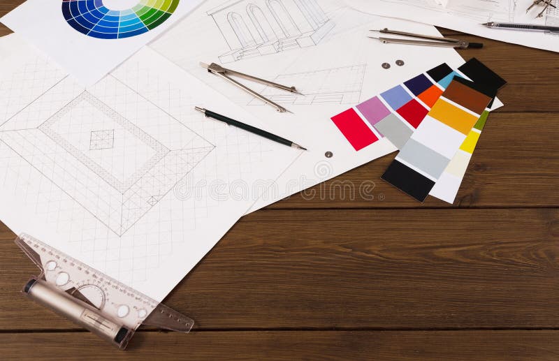 Architectural Project, Engineering Tools on Table. Stock Image - Image ...