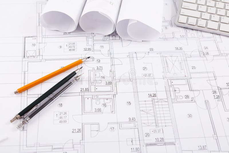 Architectural Project, Engineering Tools on Table. Stock Image - Image ...